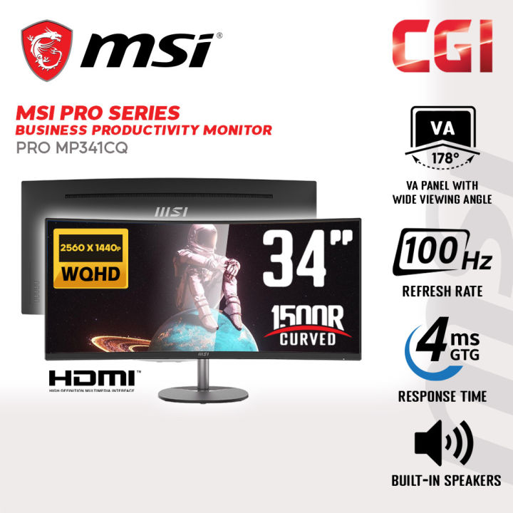 MSI 34" PRO MP341CQ VA UWQHD Freesync 100Hz 4ms Build-In Speaker Curved ...