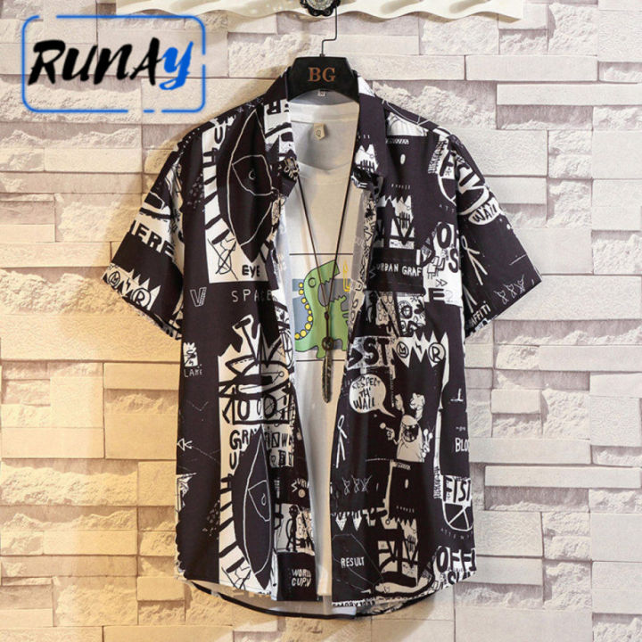 RUNAY เสื้อดอกไม้ชายหาดฮาวายผู้ชายสไตล์ฮ่องกงย้อนยุคหล่อเสื้อเชิ้ตแขน ...