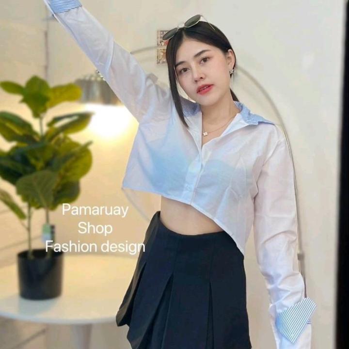 TH185 เสื้อครอป เชิ้ตคอปกแขนยาวสีพื้น ดีเทลแต่งปกและขอบแขน2ชั้น ด้วย ...