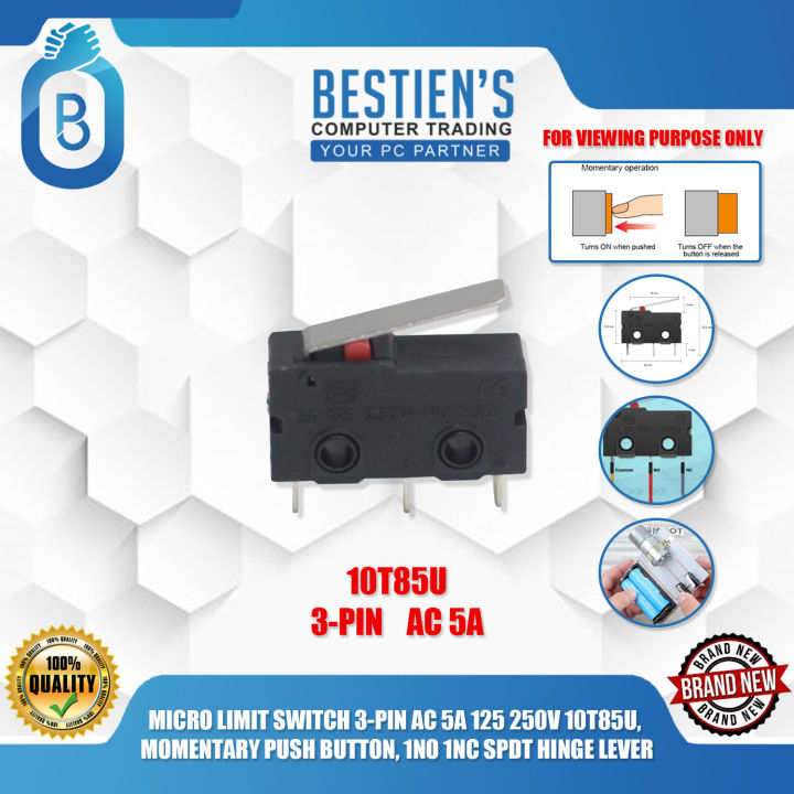 MICRO LIMIT SWITCH 3-PIN AC 5A 125 250V 10T85U, MOMENTARY PUSH BUTTON, 1NO 1NC SPDT HINGE LEVER ...