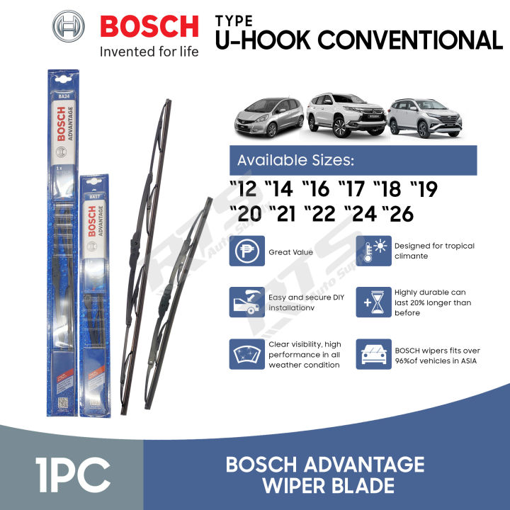 BOSCH Advantage Conventional / Standard Wiper Blade Size: 12 / 14 / 16 /17 / 18 / 19 / 20 / 21 ...
