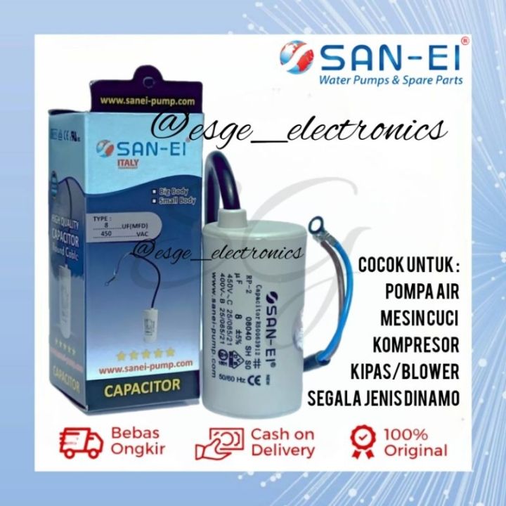 ORIGINAL KAPASITOR POMPA AIR SAN-EI BULAT 8 UF KAPASITOR KIPAS ANGIN ...