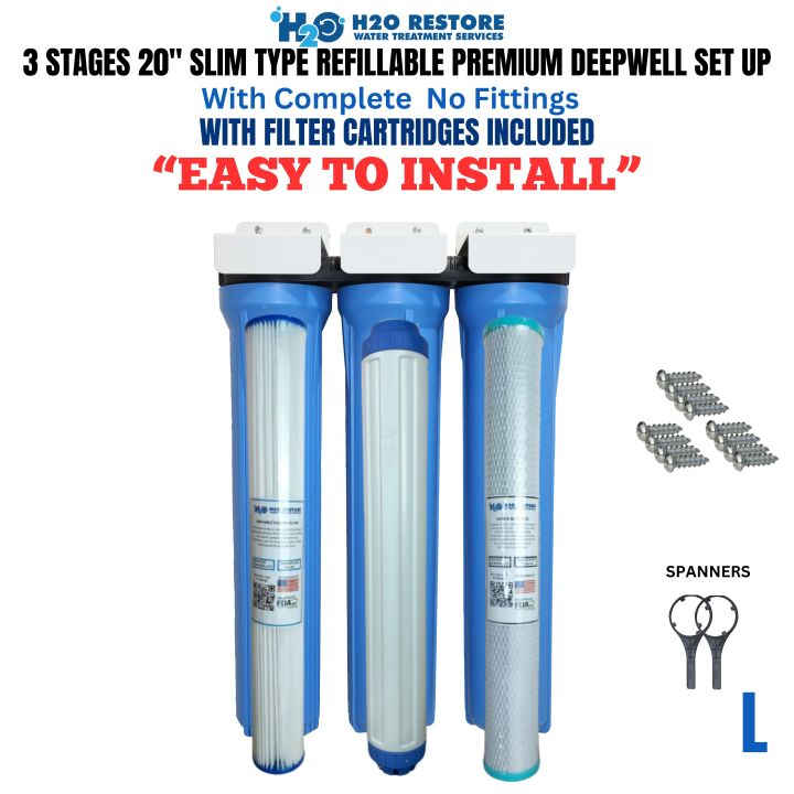 Water Filtration System 3 Stages 20" Slim Type Refillable Deepwell ...