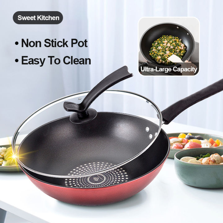 32cm Non Stick Pan with Cover Wok & Stir-fry Pan High Quality Composite Diamond Coating Kitchen ...