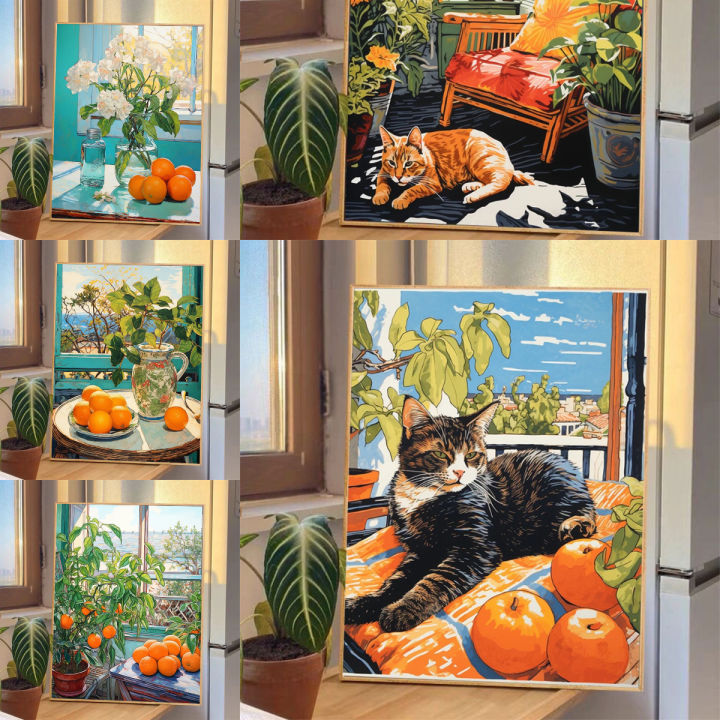 ORFON/20×30with frame/paint by number/diy painting by numbers/oranges and cats/Oil Painting By ...