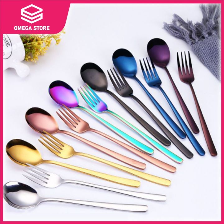 (O Mega) 304 Stainless Steel Metal Dinner Spoon And Fork Cutlery Korean ...