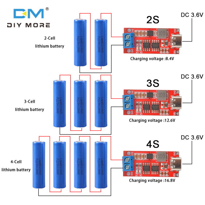 diymore 2S 3S 4S Type-C ถึง8.4V 12.6V16.8V เพิ่มโมดูลแบตเตอรี่ลิเธียมพร้อมขั้วต่อ Li‑ion Battery ...