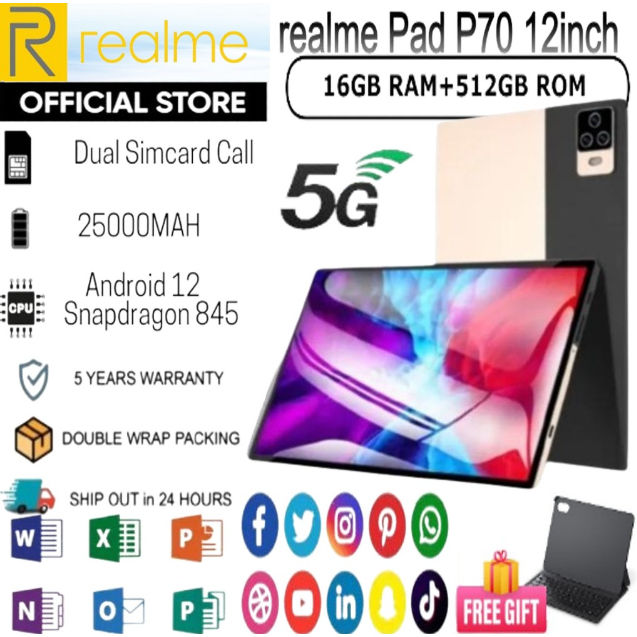 Realme Tablet P70 12-Inch | 16GB+512GB Dual SIM 4G LTE WiFi 2.4/5G | Android 12 Snapdragon 865 ...