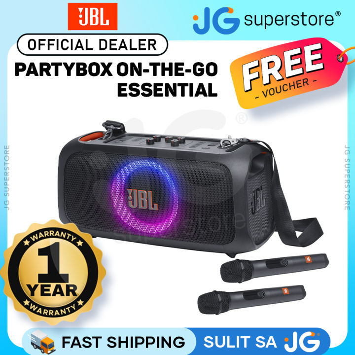 JBL PartyBox On The Go Essential with 2 Wireless Microphones 100W Splash Proof Portable ...