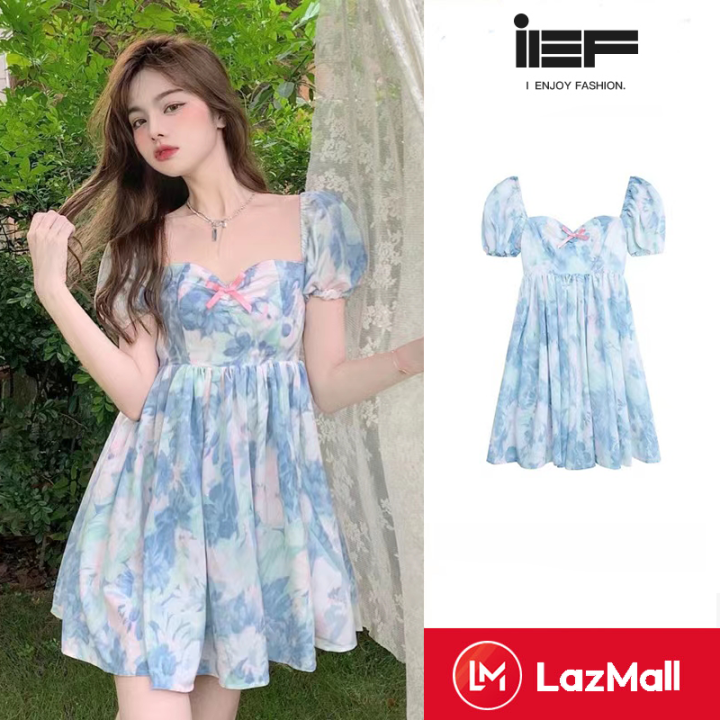 IEF 【Ready Stock】2022 Spring Summer New Style Blue Floral Dress Female ...