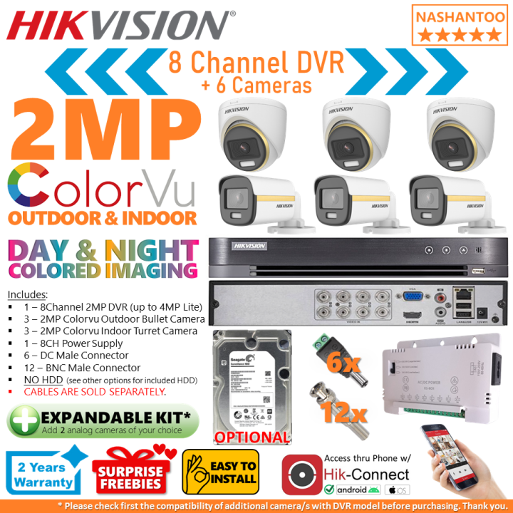 Hikvision 8Channel 2MP Colorvu 6 Camera (3 Outdoor Bullet, 3 Indoor ...