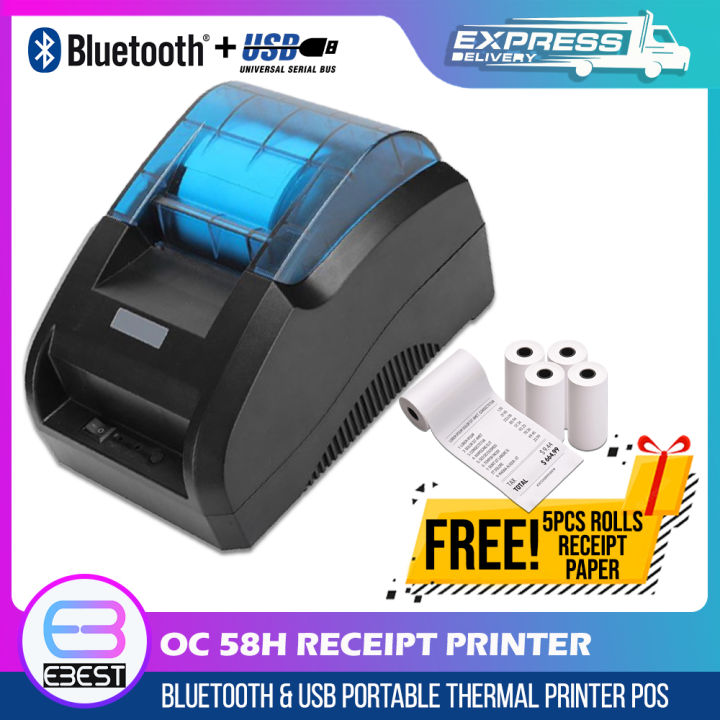 58mm Receipt Printer 58H Portable (USB/Bluetooth) POS Wireless Thermal Printer with 5ROLLS ...