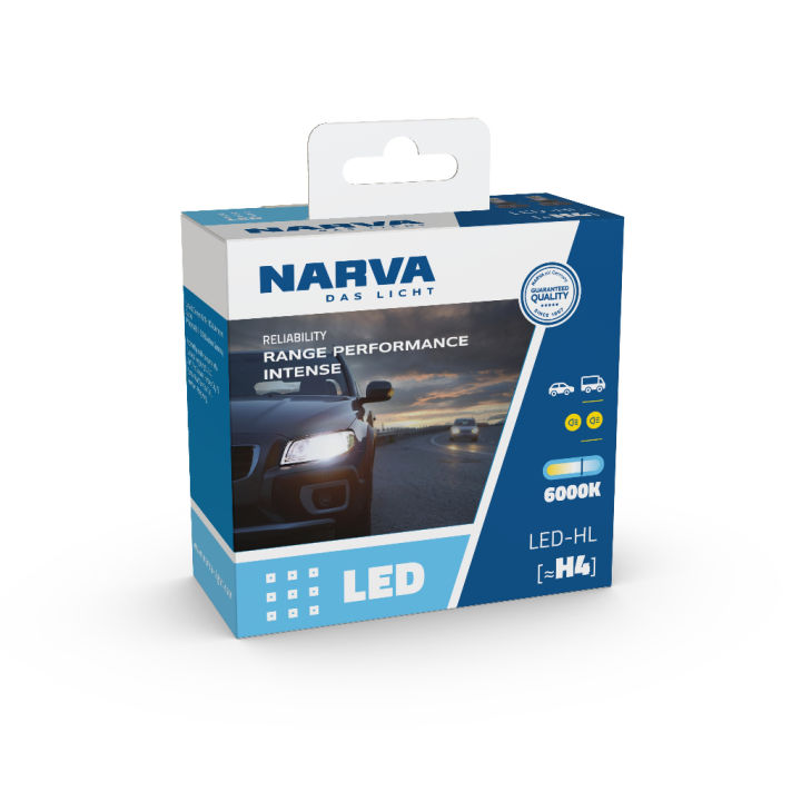 NARVA หลอดไฟหน้ารถยนต์ ขั้ว H4 +150% LED 6500K (12V และ 24V) RANGE PERFORMANCE แถมฟรี LED T10 ...