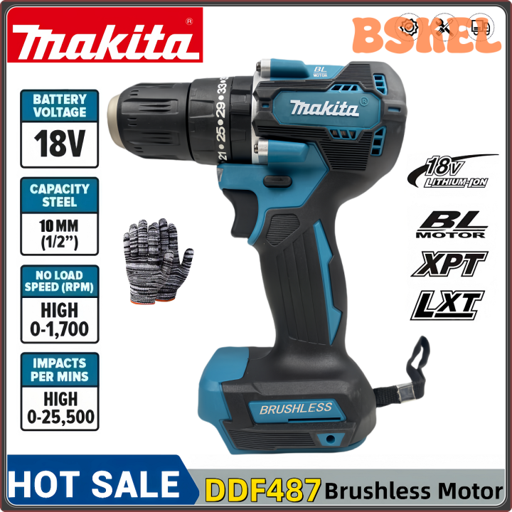 PQAVB Makita DHP487 10MM Cordless Hammer Driver Drill 18V LXT Brushless Motor Impact Electric ...