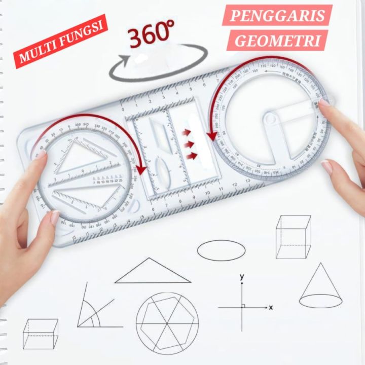 PENGGARIS GEOMETRI RULER SEGITIGA LINGKARAN BUSUR STATIONARY ALAT TULIS ...