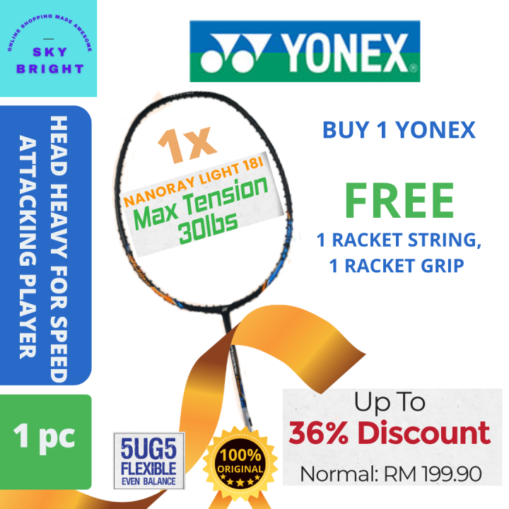 【FREE String, Grip】YONEX Nanoray Light 18I Badminton Racket 5UG5 Max Tension 30LBS, Super Light ...