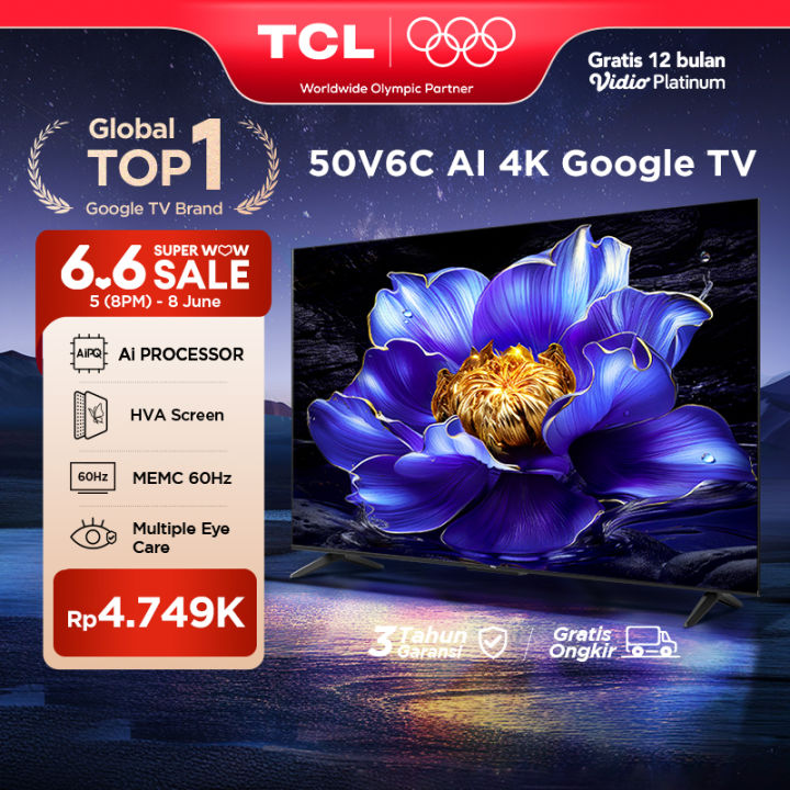[AI 4K Google TV] TCL 50 inch V6C - AiPQ Processor - MEMC - HDR 10+ - HVA Panel - Multiple Eye ...