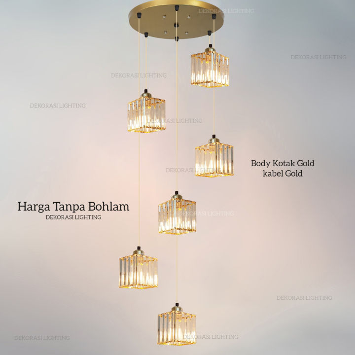Lampu gantung void 6in1 kaca kristal minimalis modern gold 6 lampu ...