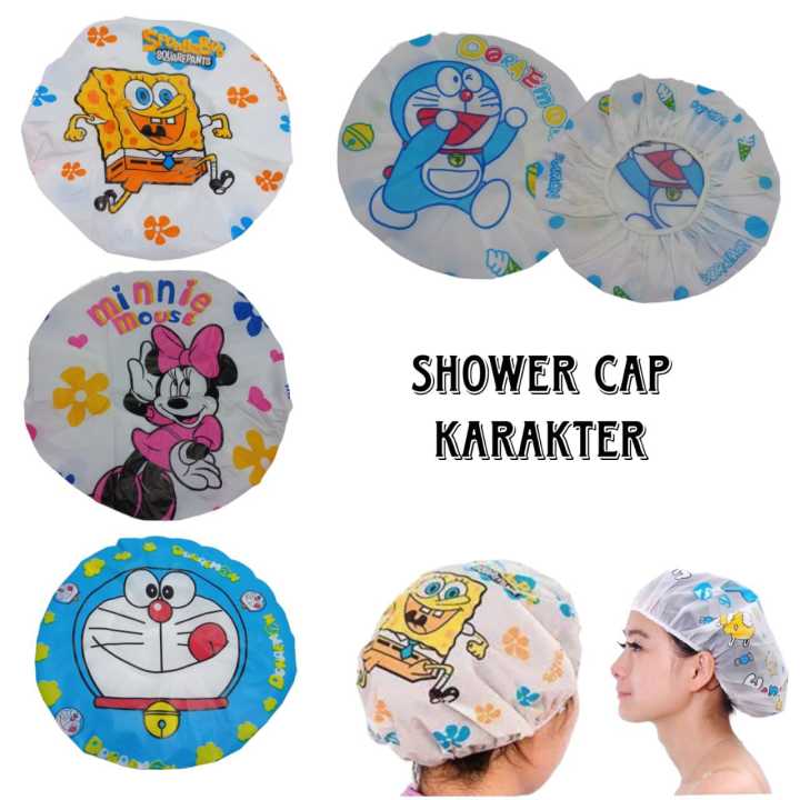 TOPI MANDI / PENUTUP RAMBUT / SHOWER CAP KARAKTER DORAEMON MINNIE MOUSE ...