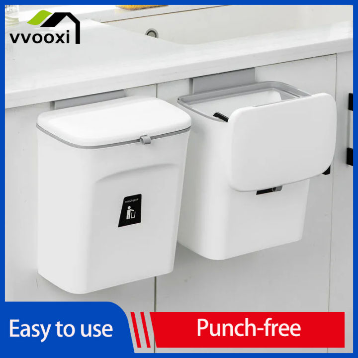Hanging Trash Can for Kitchen Cabinet Door with Lid, Small Under Sink ...