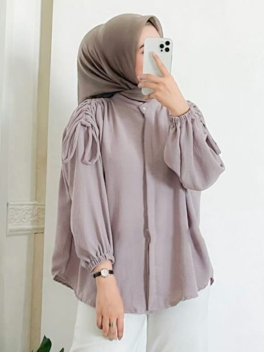 BLUS SYAKIRA Baju atasan wanita serut pundak lengan panjang premium ...