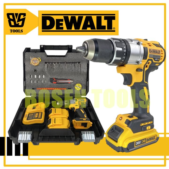 DeWALT 36V Brushless Cordless Battery Drill with 2 Li-ion Batteries and Free Accessories Kit Set ...