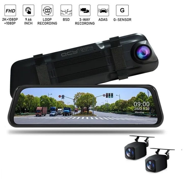 QCY Q12 Pro 9.66" 2K+1080P+1080P 3 Way Recording Wi-Fi Mirror Dash Cam ...