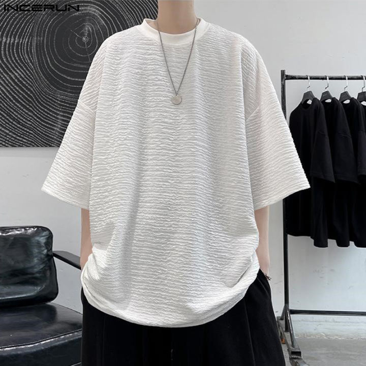 เสื้อเสื้อยืดคอกลมหลวมสบายๆของผู้ชายแขนสั้น INCERUN เสื้อยืดสีพื้น ...