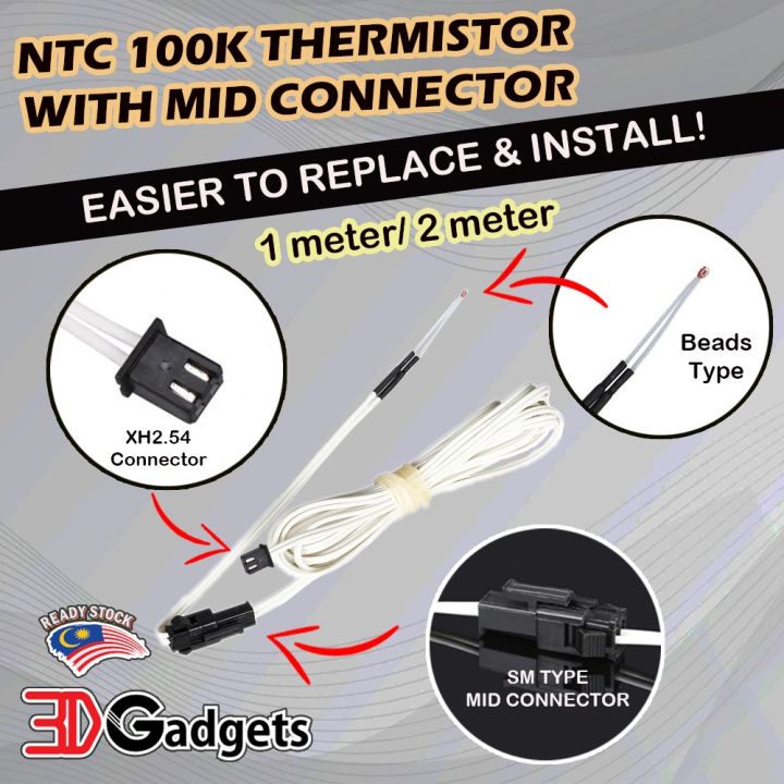 NTC 100K Beads Head Thermistor with SM Terminal Mid Connector (1M/ 2M ...