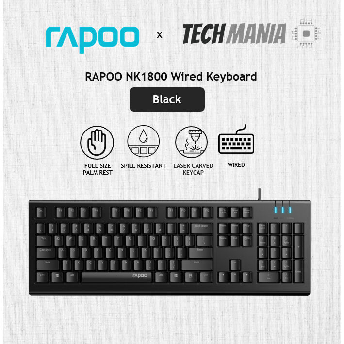 Rapoo NK1800 Spill Resistance Membrane Wired USB Keyboard (Black) 2 year warranty | Lazada