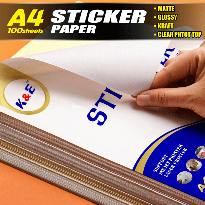 (100pcs)K&E BRAND A4 Printable Sticker Paper 105gsm Adhesive Label For ...