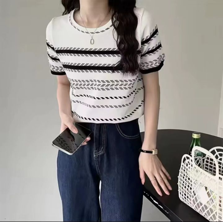 【STOCK+COD】Fashion high quality stripe elegant knitted blouse for ...