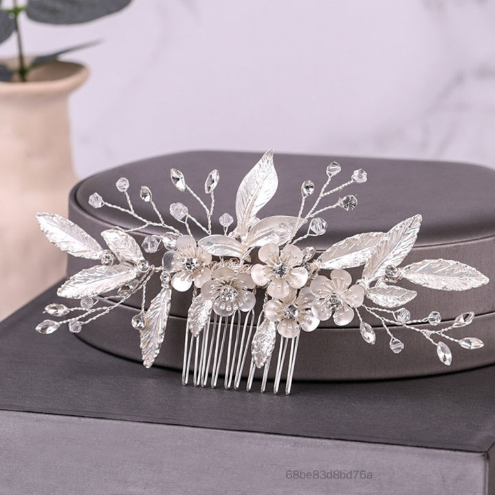 งานแต่งงานผมหรูหราดอกไม้หวีเงินคริสตัลเมสซี่ทำขนมปังมุกชิ้นผมสำหรับ ...