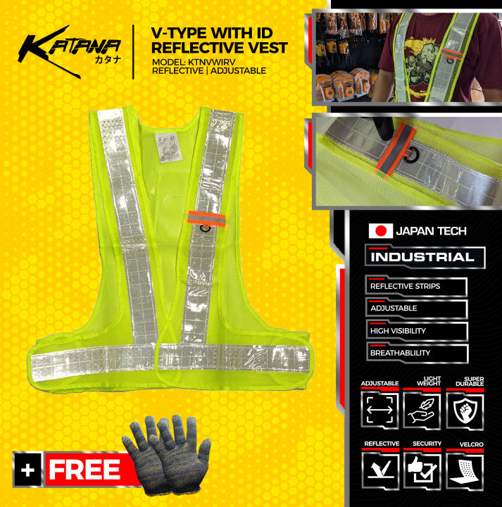 KATANA Japan Tech Industrial V-Type with ID Holder Reflectorized Vest ...