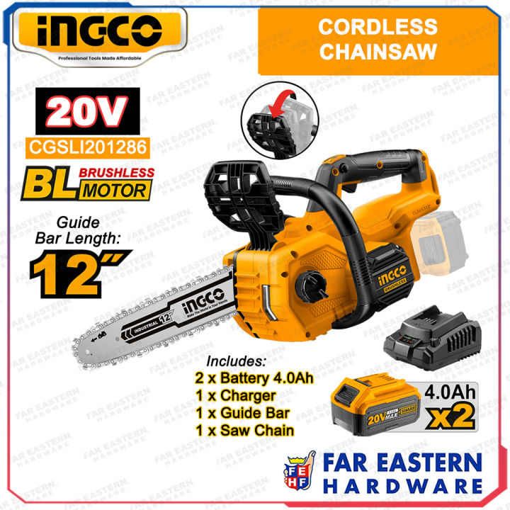 INGCO Cordless Brushless Chainsaw 12" w/ Guide Bar & Saw Chain ...