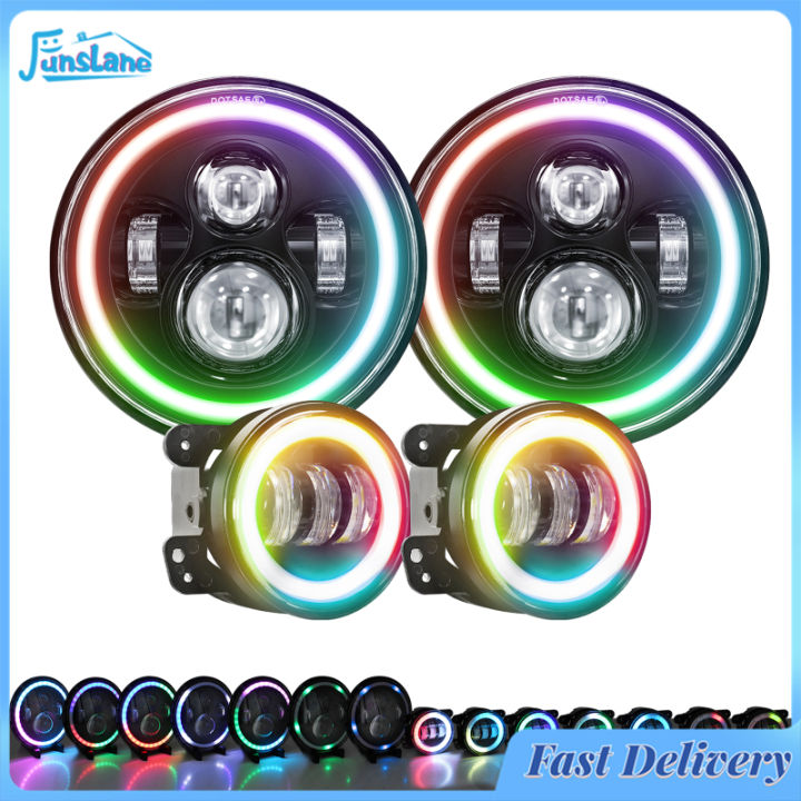 FunsLane Round RGB 7" LED Headlights With Fog Light Kit RGB DRL Hi/Lo ...