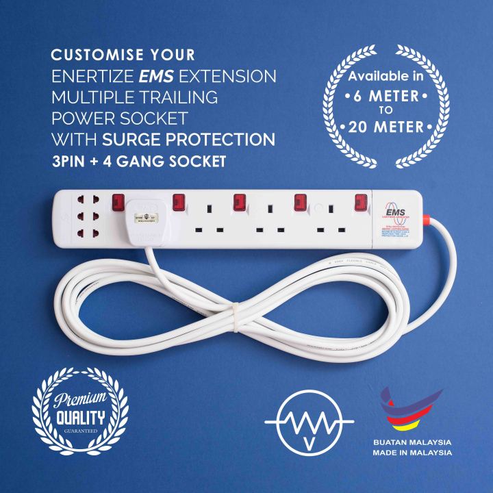 Enertize Ems Customise Extension Cord Portable Trailing Power Socket Plug 3pin 4 Way Gang