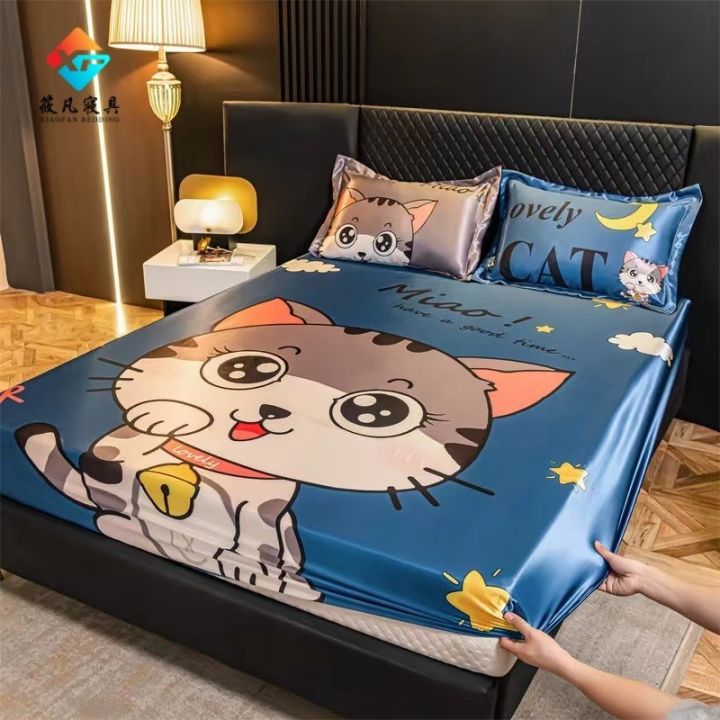 Cartoon Ice Silk Mattress Protector Cool Fitted Sheet for Summer Single ...