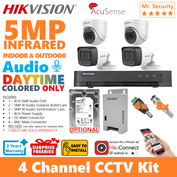 Hikvision 4Channel 5MP AcuSense IR Audio 4 Cameras (2 Outdoor Bullet, 2 ...