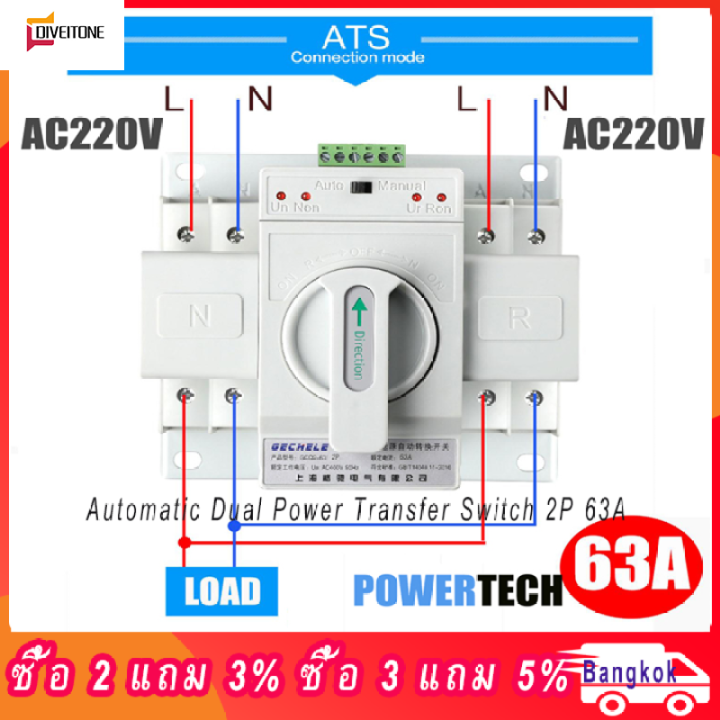 สวิตซ์สลับแหล่งจ่ายไฟ อัตโนมัติ ระบบไฟฟ้าสำรอง ATS Automatic Dual Power Transfer Switch 2P 63A ...