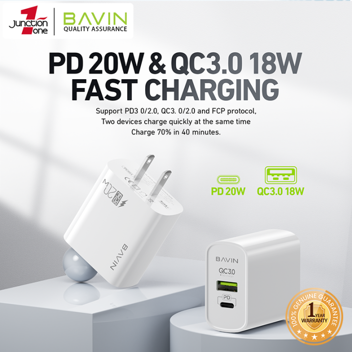 BAVIN PC951 PD Wall Charger Fast Charging 20 Watts Dual Port QC3.0 USB ...