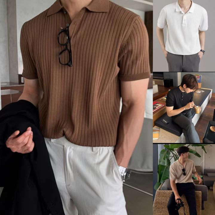 Korean Plain Knitted Stripe Men's Short Sleeve Casual Summer Polo ...