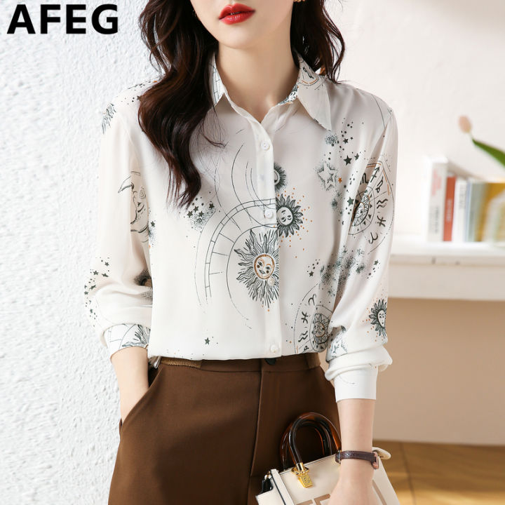 AFEG เสื้อคอปกสไตล์เกาหลีแบบใหม่แฟชั่นหลวมดาร์วินดาวแขนยาวผ้าชีฟองพิมพ์ ...
