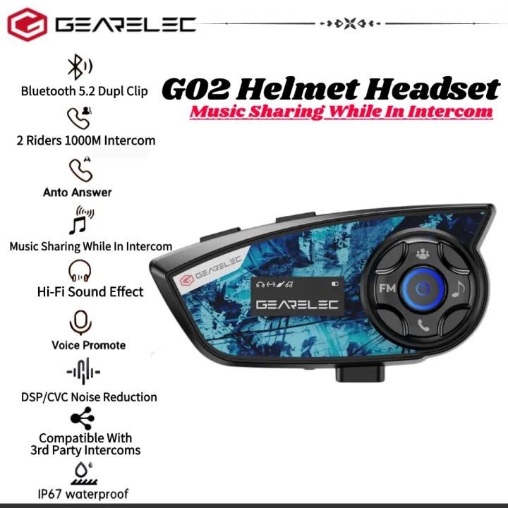 GEARELEC G02 Motorcycle Helmet Intercom Headset 2 Rider 1000M For Music ...