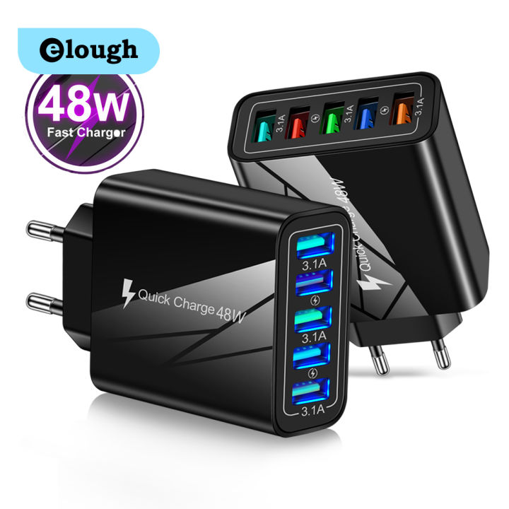 Elough 60W 5 Ports Multi USB Charger Cell Phone Adapter QC 3.0 Wall ...
