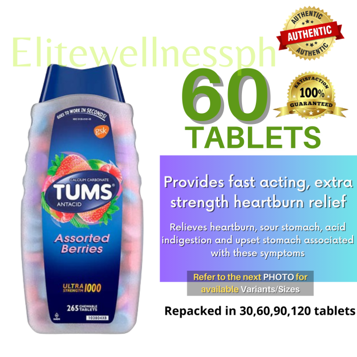 60 Tablets- TUMS Smoothies Assorted Berries Antacid Chewable Tabs for ...