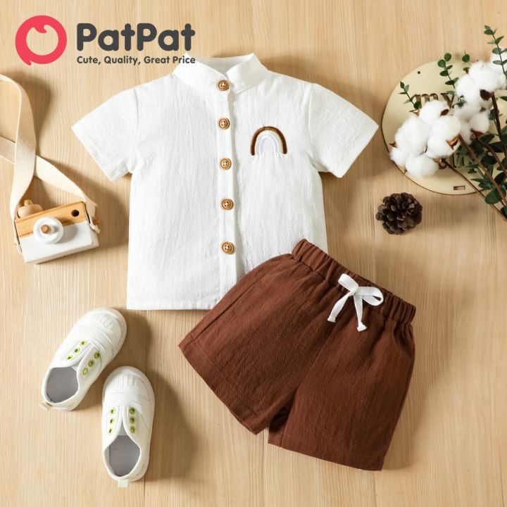 PatPat Baby Boy Set ชุดเด็กผ้าฝ้าย100% ปักลาย2ชิ้น,ชุดเสื้อเชิ้ตและกางเกงขาสั้นแขนสั้นผ้าฝ้ายปัก ...