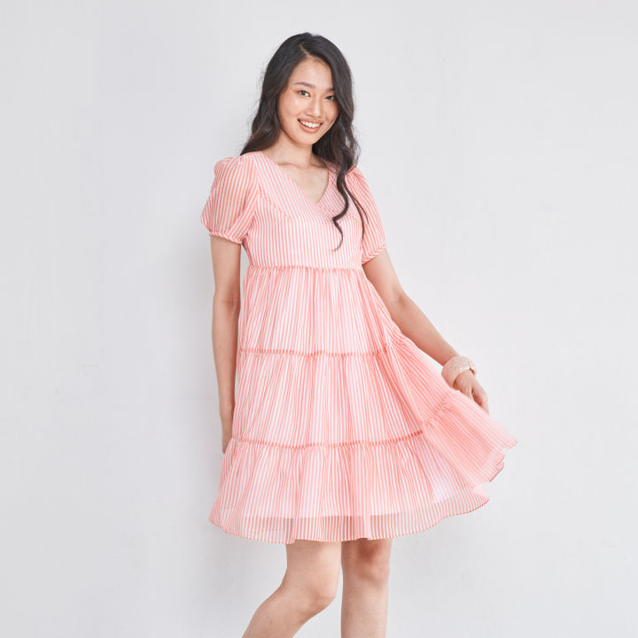 VANNSTOFF Candy Dress เดรสผ้าชีฟองสีแดง ทอลายเเส้นเมทัลลิกเงางาม | Lazada.co.th