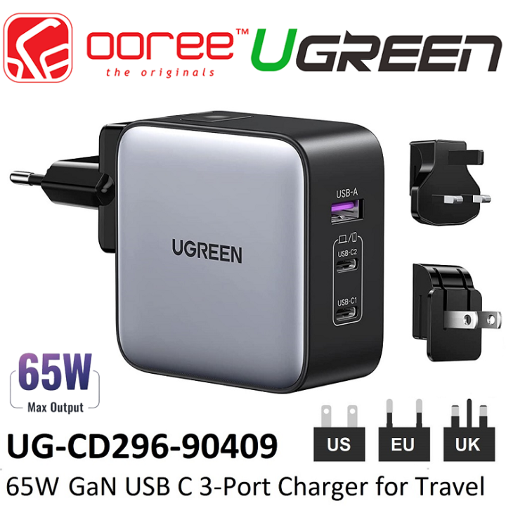 UGREEN 65W NEXODA GAN USB-C + USB-A 3 PORT FAST CHARGER WITH US/UK/EU PLUG TRAVEL CHARGER (UG ...