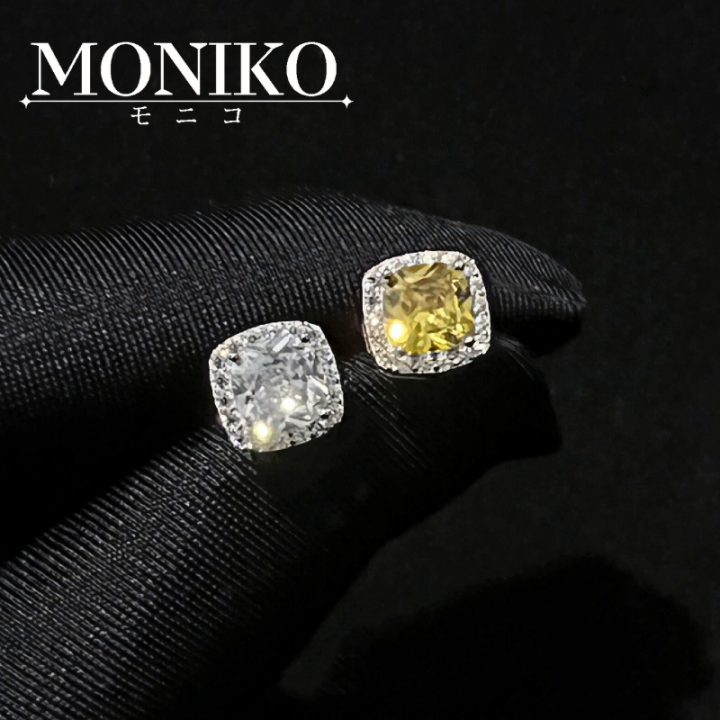 MONIKO Original Italy Diamond Earrings For Men and Women White Gold Iced yellow Square Stud ...